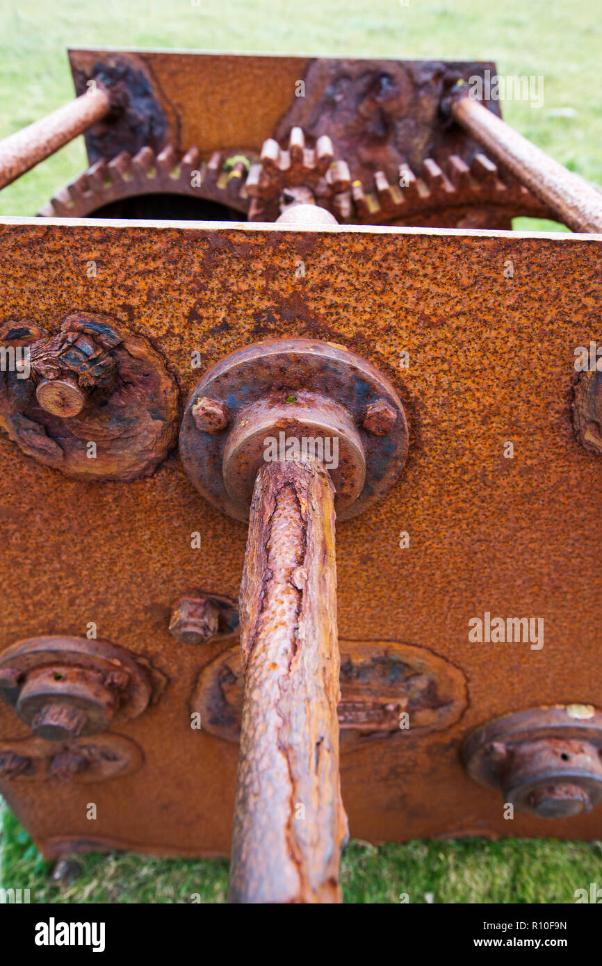 An old rusting fishing boat winch on Farraid Head, Sutherland, Scotland ...