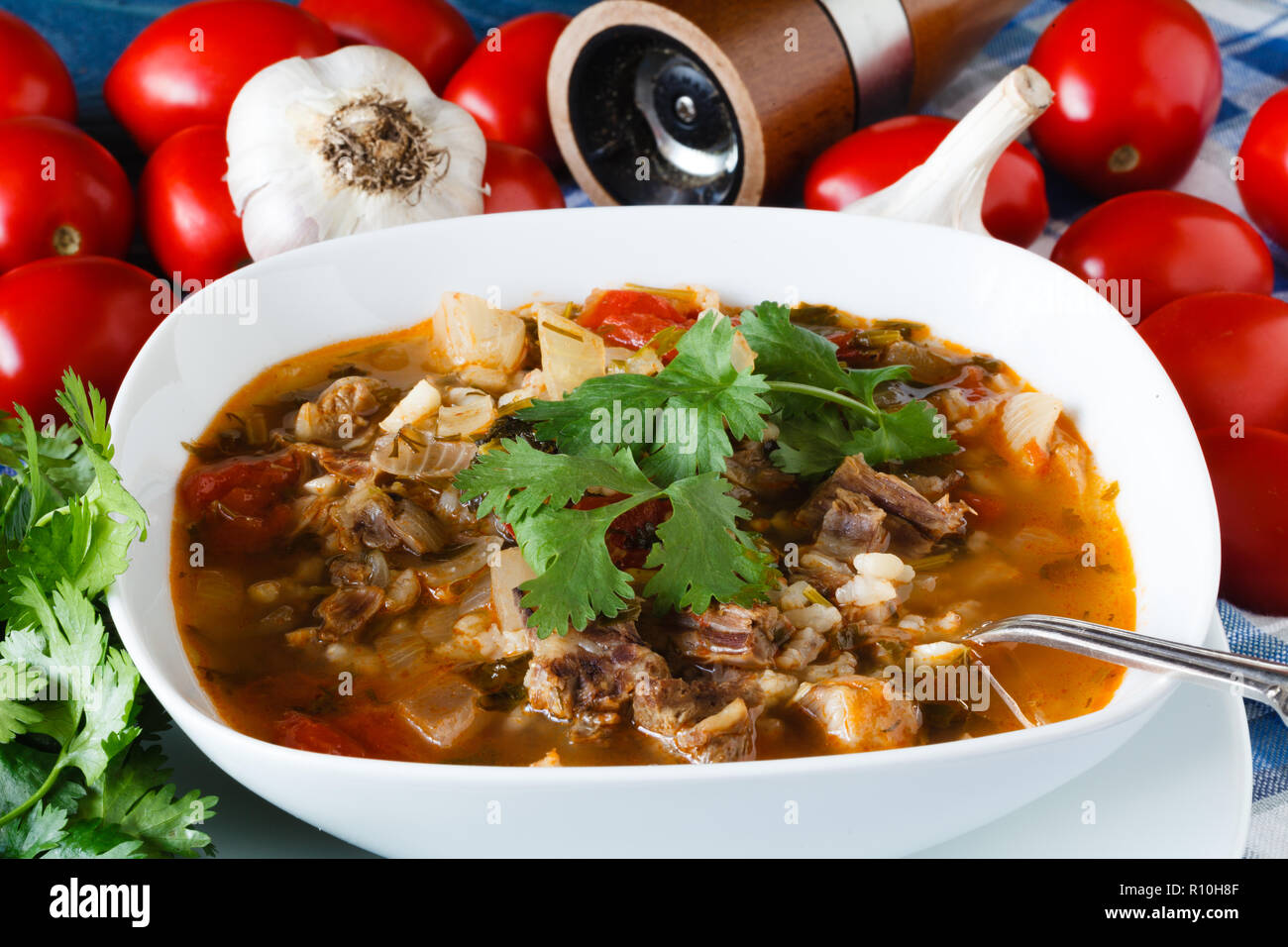 Hot Georgian cuisine soup kharcho with lamb Stock Photo - Alamy