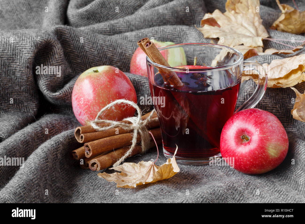 Cozy plaid in fall day with hot alcoholic drink mulled wine Stock Photo ...
