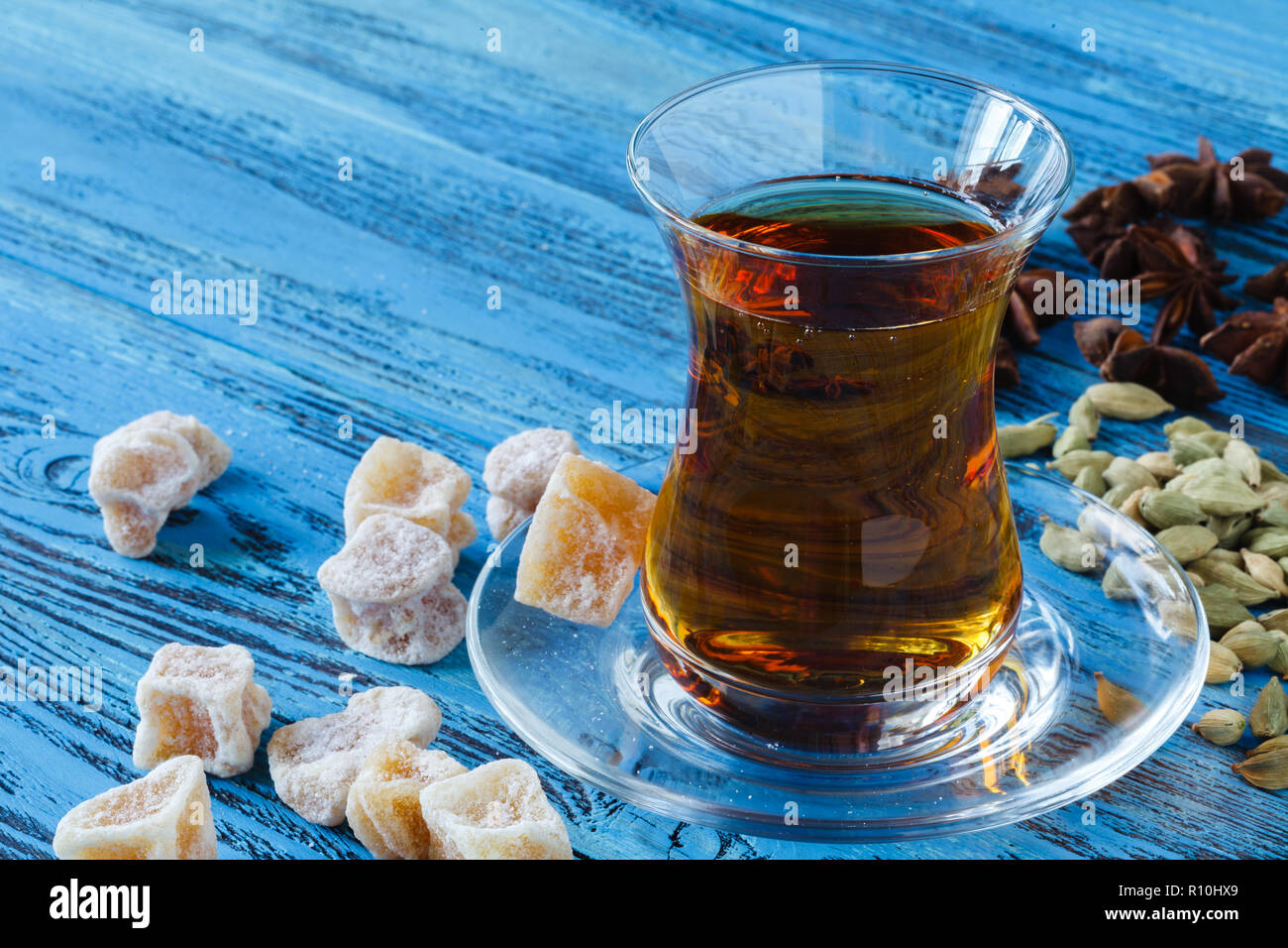Middle East Black tea with thyme, ethnic glass and glass teapot ...