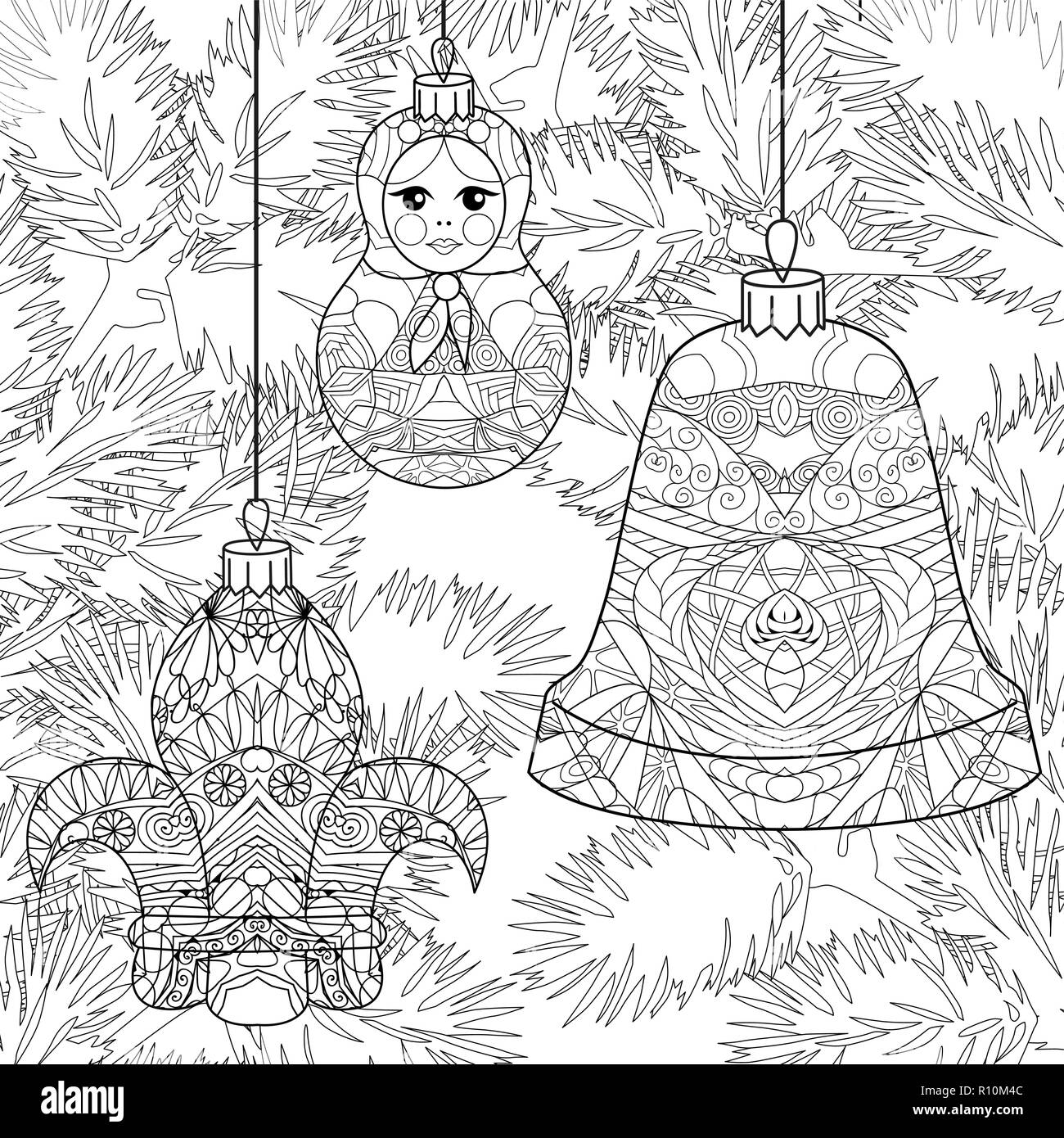 Zentangle stylized Christmas decorations with spruce branches. Hand ...