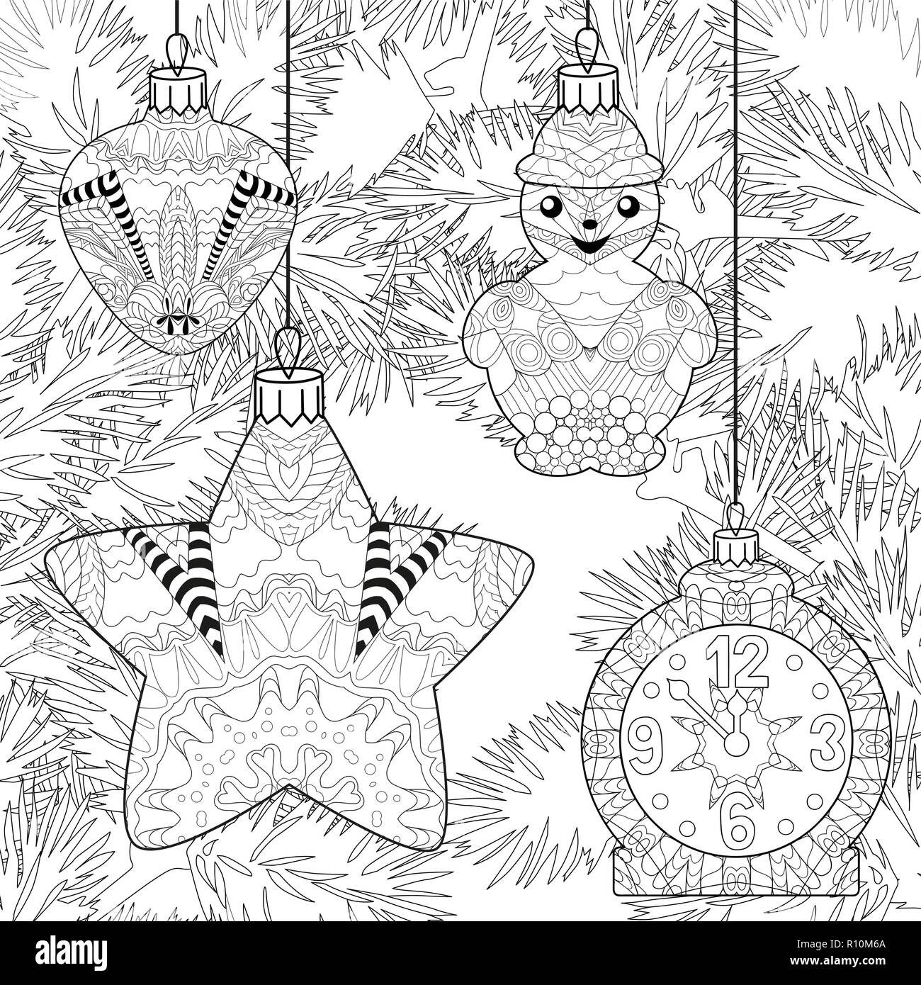 Zentangle stylized Christmas decorations with spruce branches. Hand ...