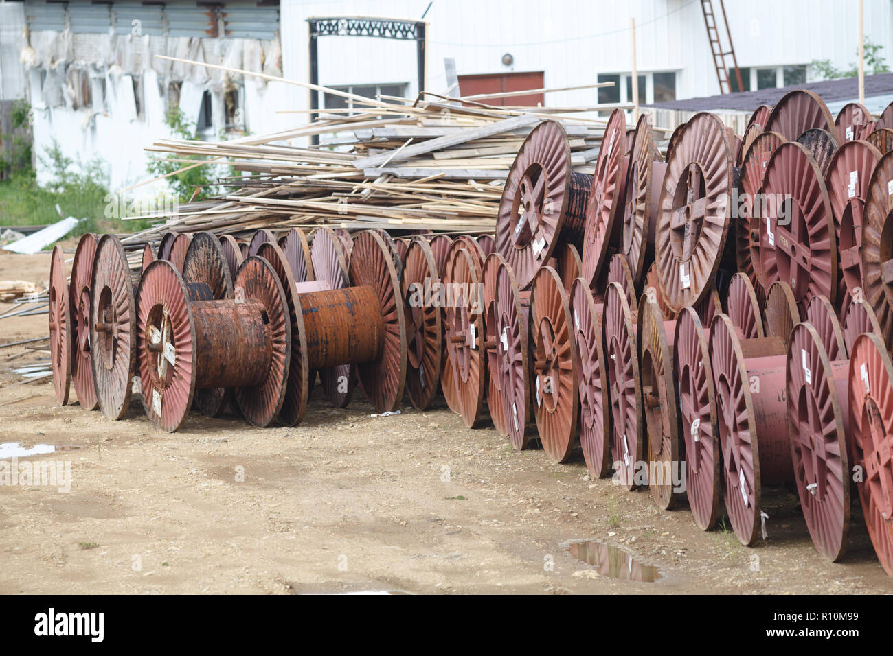 empty cable reel is left on site. The problem of ecology Stock Photo ...