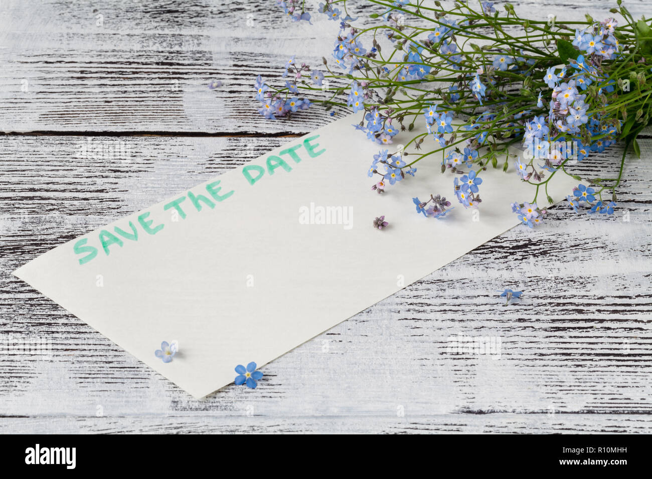 The forget-me-not branch on a card with pgrase save the date Stock ...