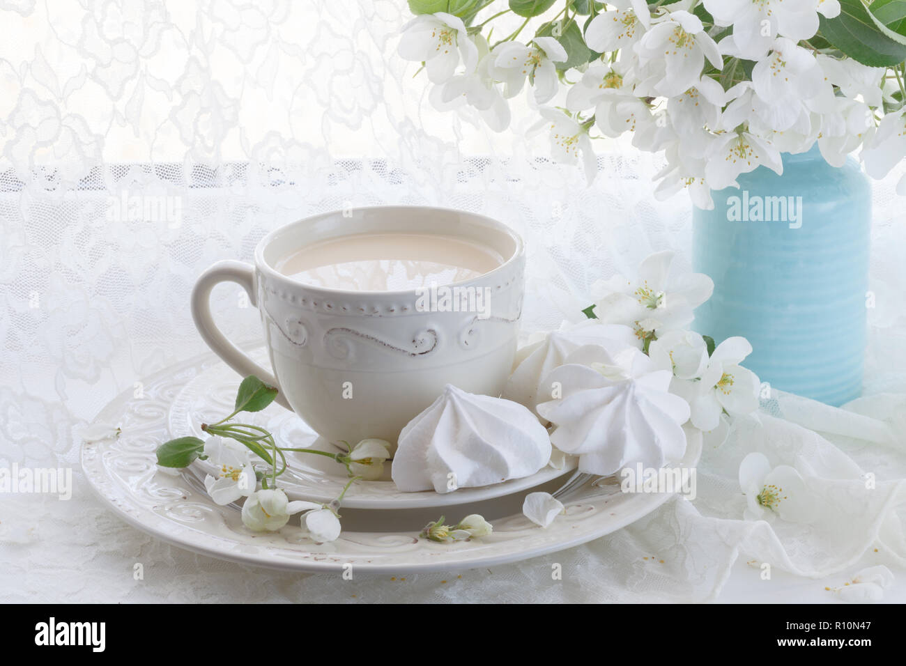 Spring background with cherry blossom and tea cup on wooden table Stock ...