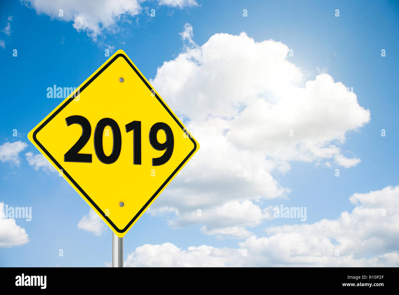 Three-dimensional rendering of road sign 2019 on the blue sky ...