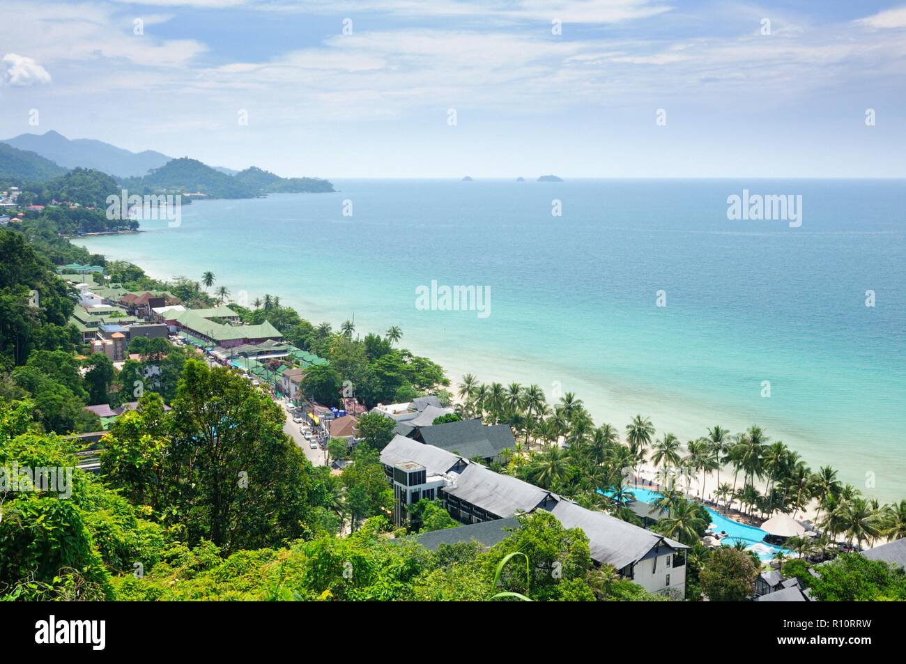 Aerial view of tropical landscape with white sand beach, coconut palm ...