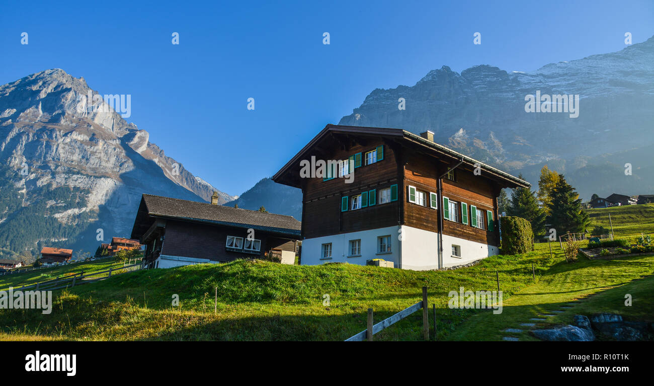 Mountain village in Grindelwald, Switzerland. Grindelwald was one of ...