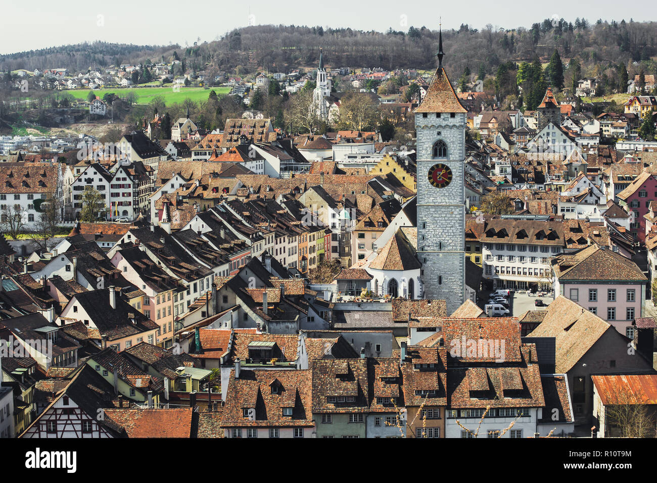 Top view of a cozy European city with tiled roofs and tower Stock Photo ...