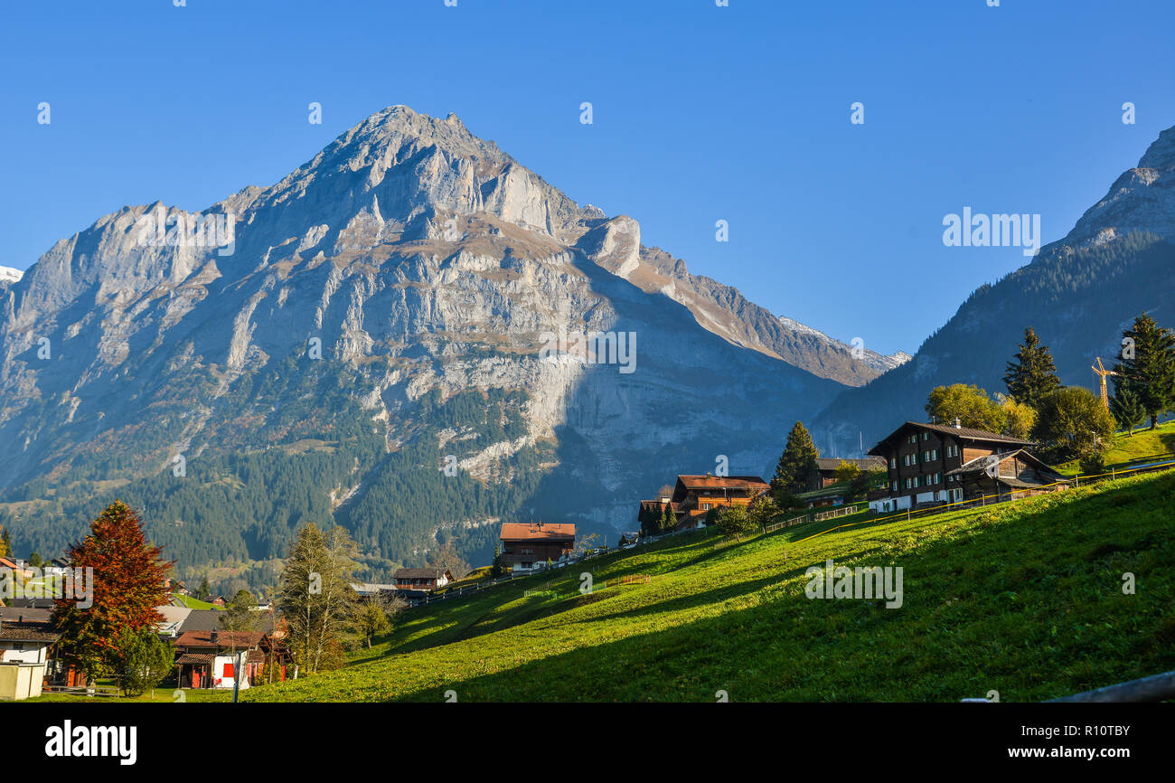 Mountain village in Grindelwald, Switzerland. Grindelwald was one of ...