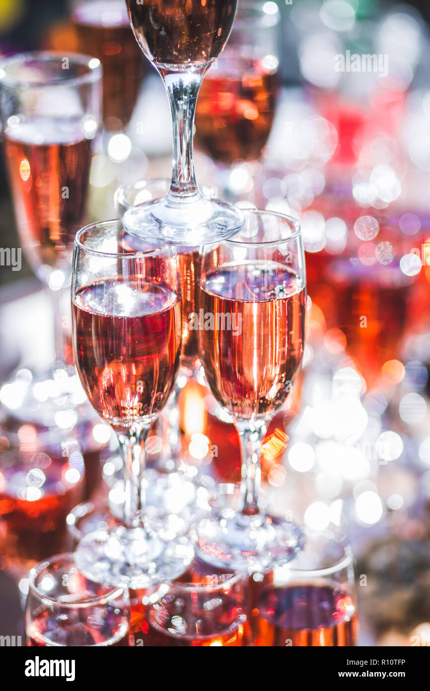 Stack of glasses of champagne at the reception in the open air Stock ...
