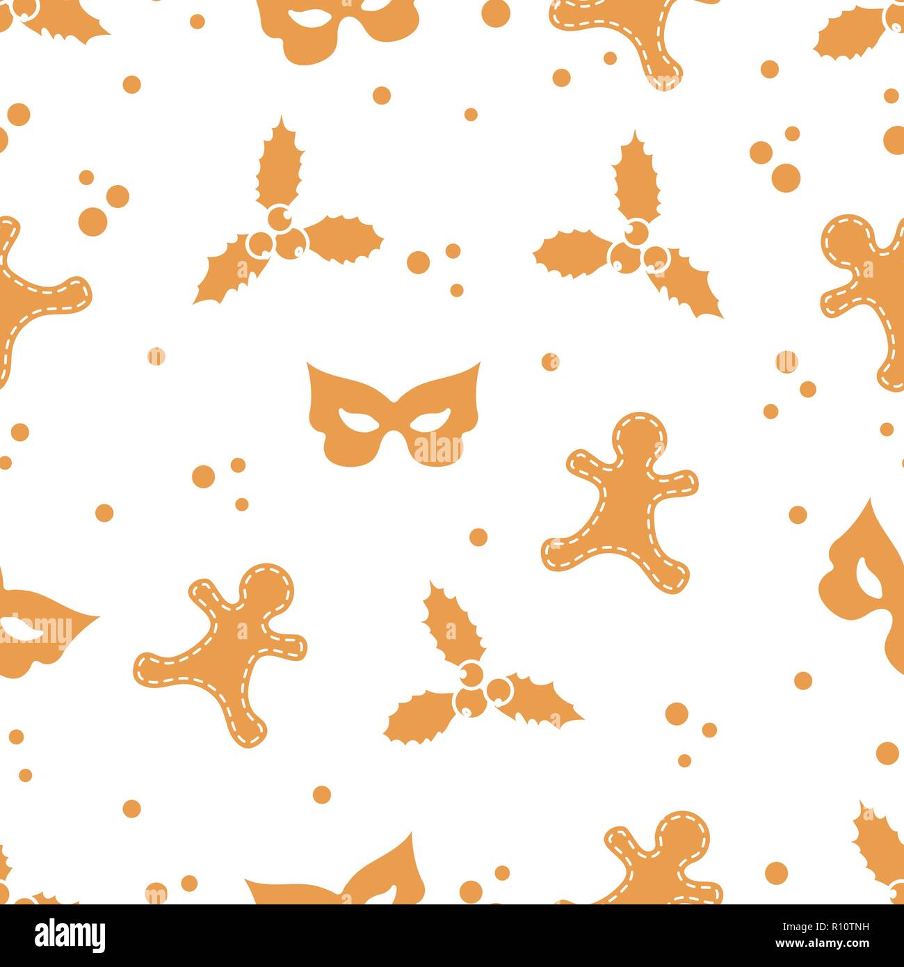 Seamless pattern with gingerbread man, mistletoe, mask. Christmas and ...