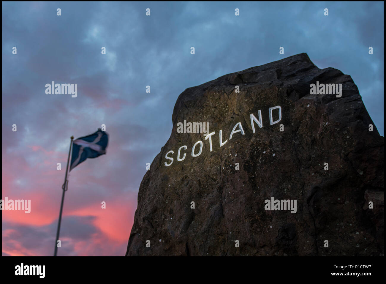 The large rock with Scotland engraved and painted in white, which marks ...