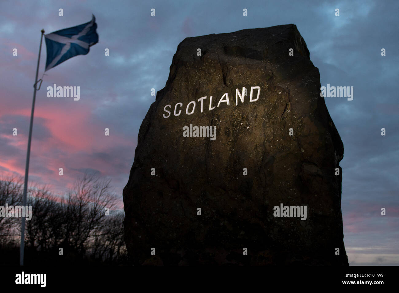 The large rock with Scotland engraved and painted in white, which marks ...