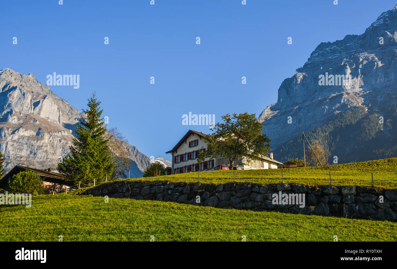 Mountain village in Grindelwald, Switzerland. Grindelwald was one of ...
