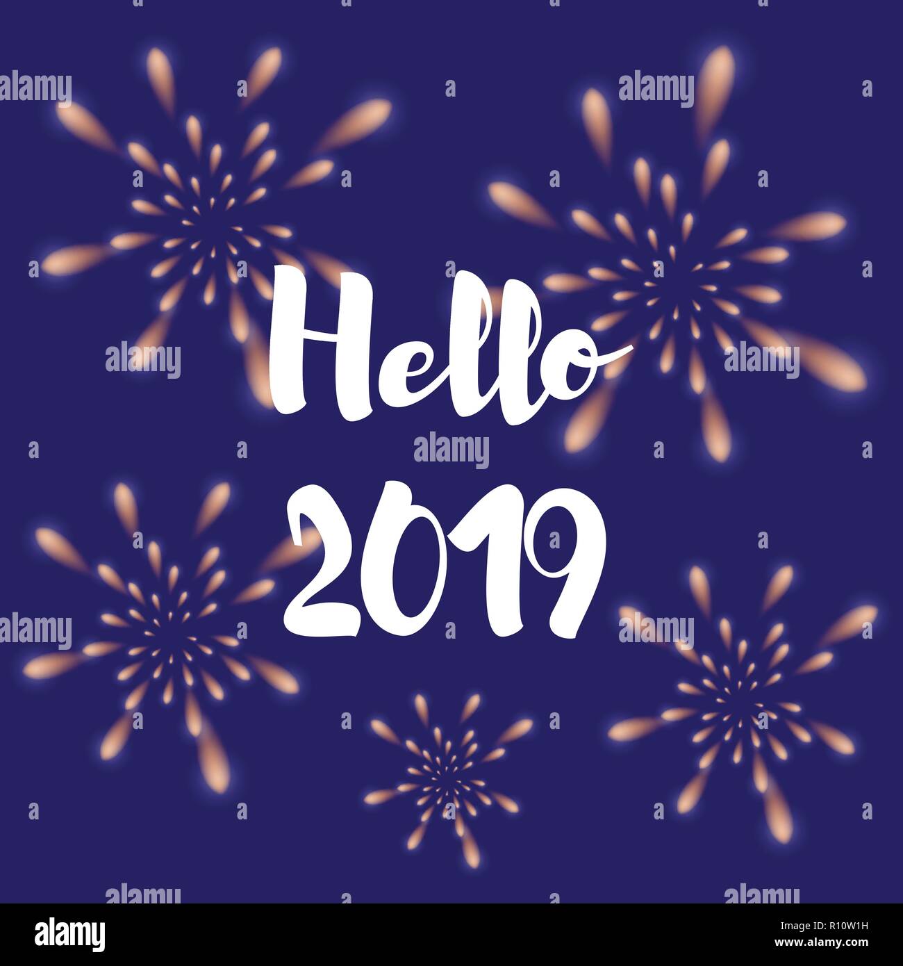 Greeting card. Fireworks and inscription Hello 2019 on a dark blue ...