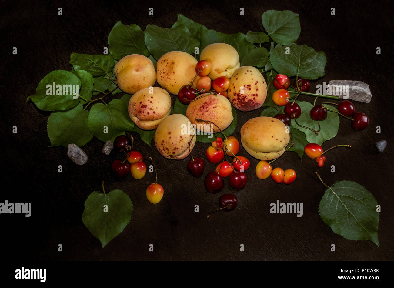 Sweet ripe fruits of apricots and cherries with green leaves on a black ...