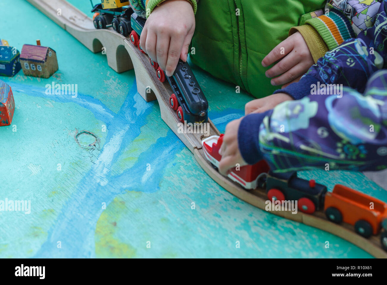 Kid model railway locomotive and layout with a station and whole scene ...