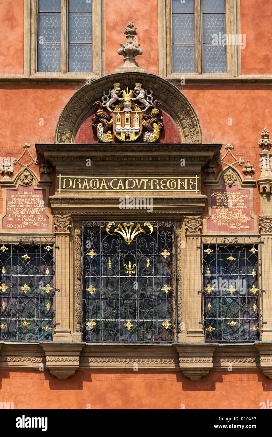 Old Towh Hall with capital of the realm inscription, Prague Stock Photo ...