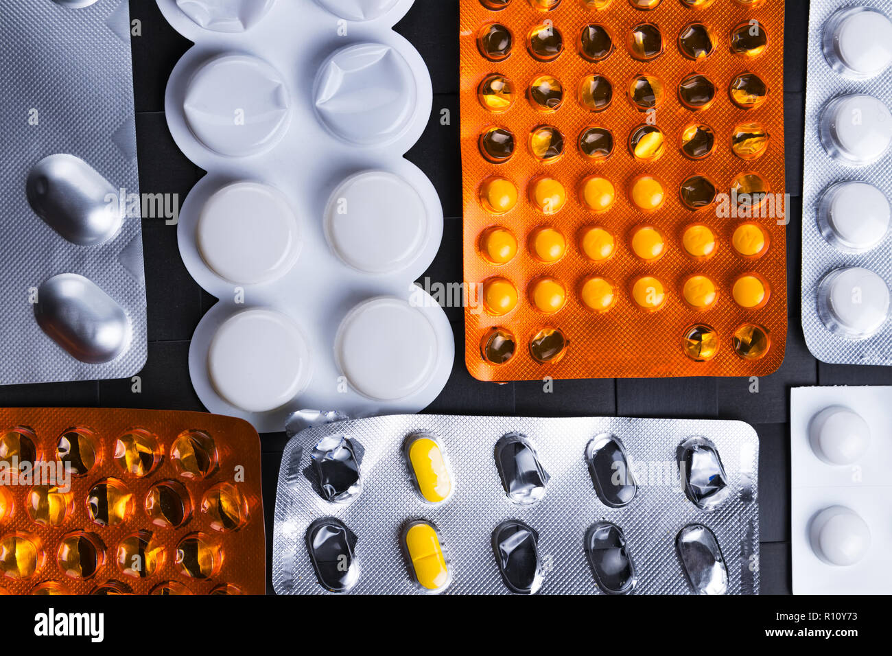 Assorted packets or blisters of various pills and medication. Medical ...