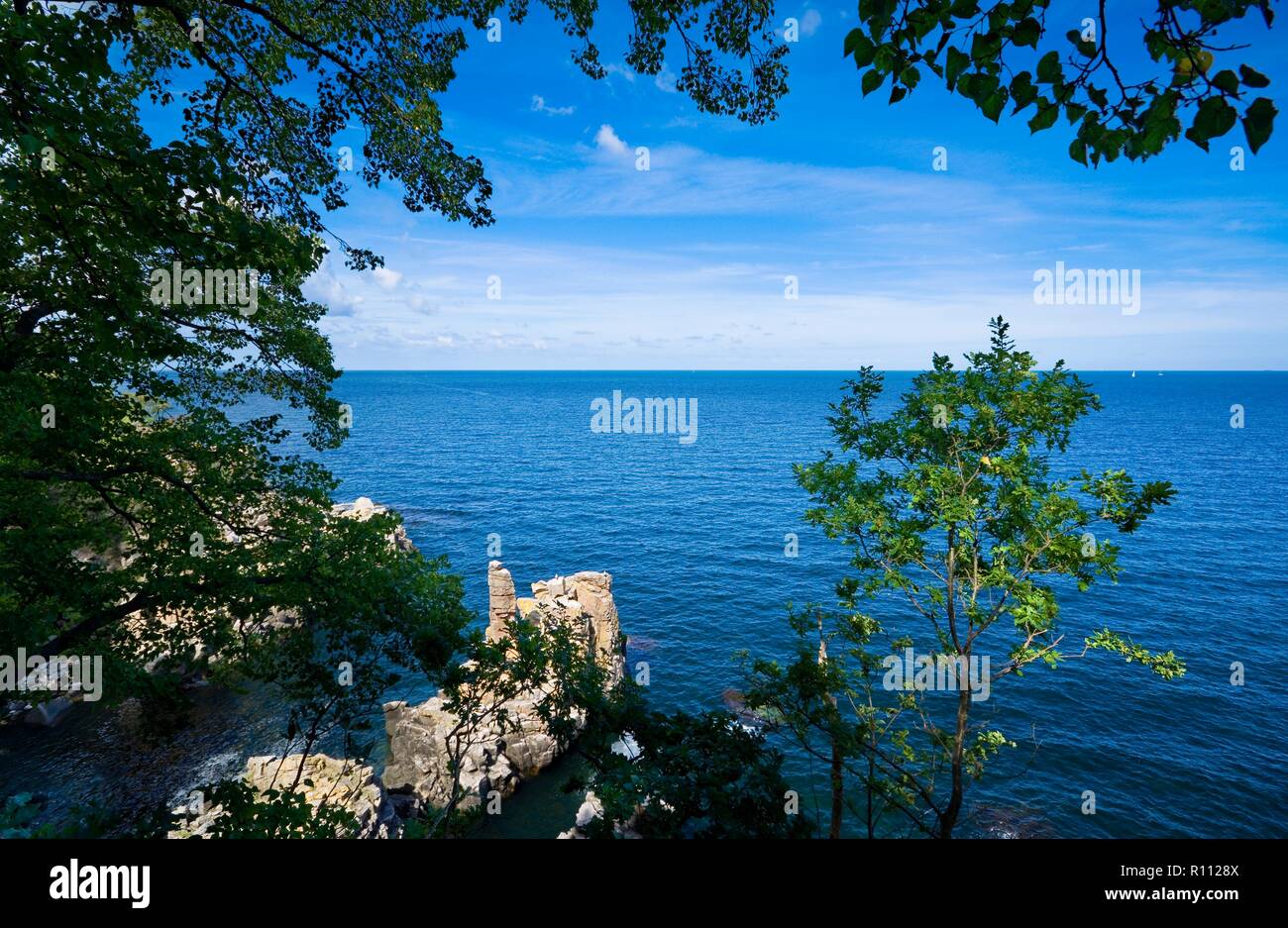 Sheer cliffs of the northern coast of Bornholm island ...