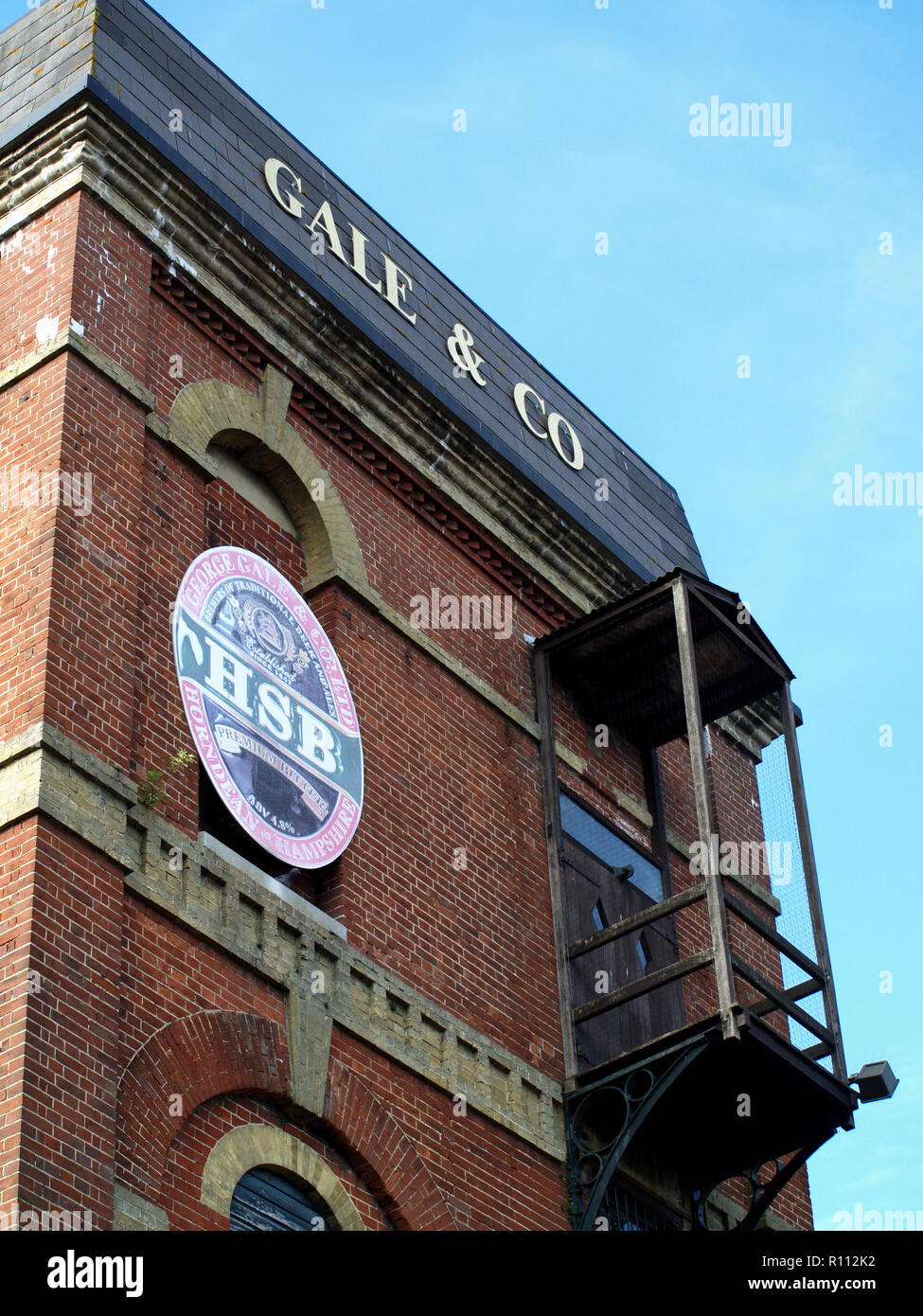 Main Brewery tower and old signage for HSB Bitter at Gales Brewery ...