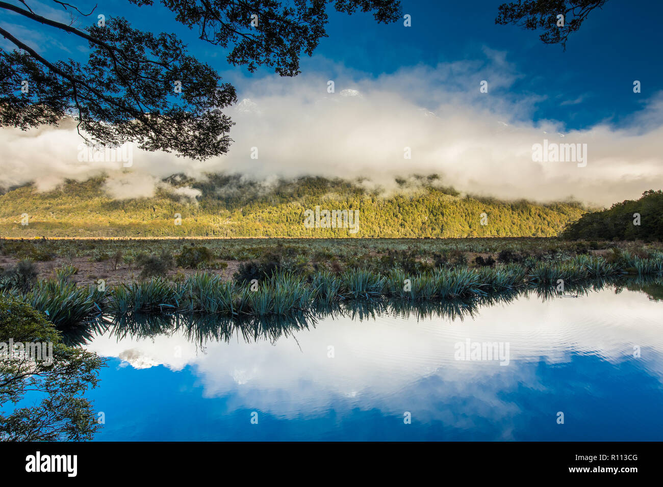 Mirror Lakes with reflection of Earl Mountains, Fjordland National Park ...