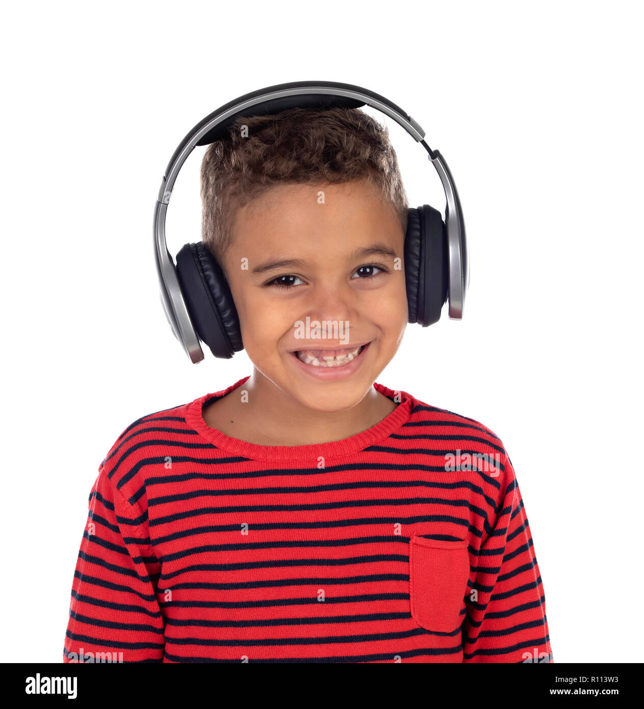Latin child with headphones an red sweater isolated on a white ...