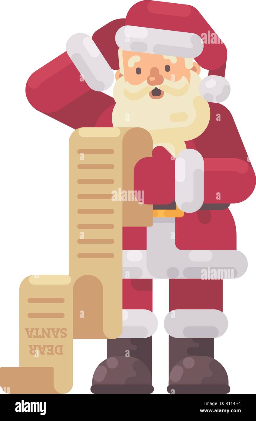 Confused Santa Claus reading a kids letter. Christmas character flat ...