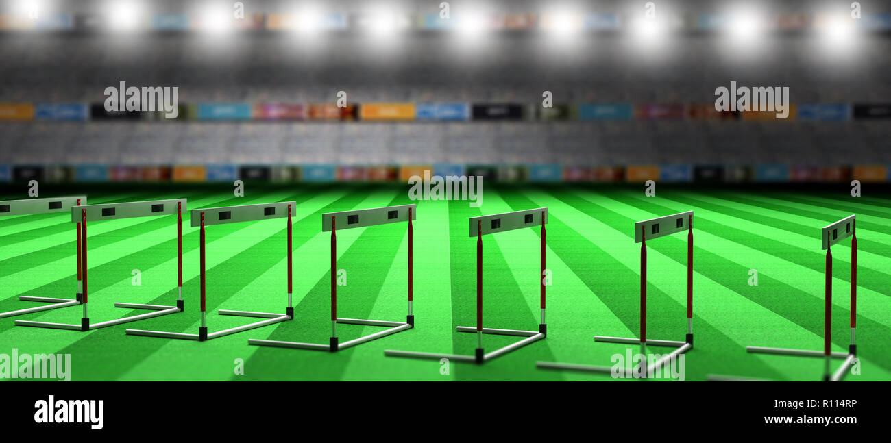 Obstacles concept. Side view of track field hurdles, against stadium ...