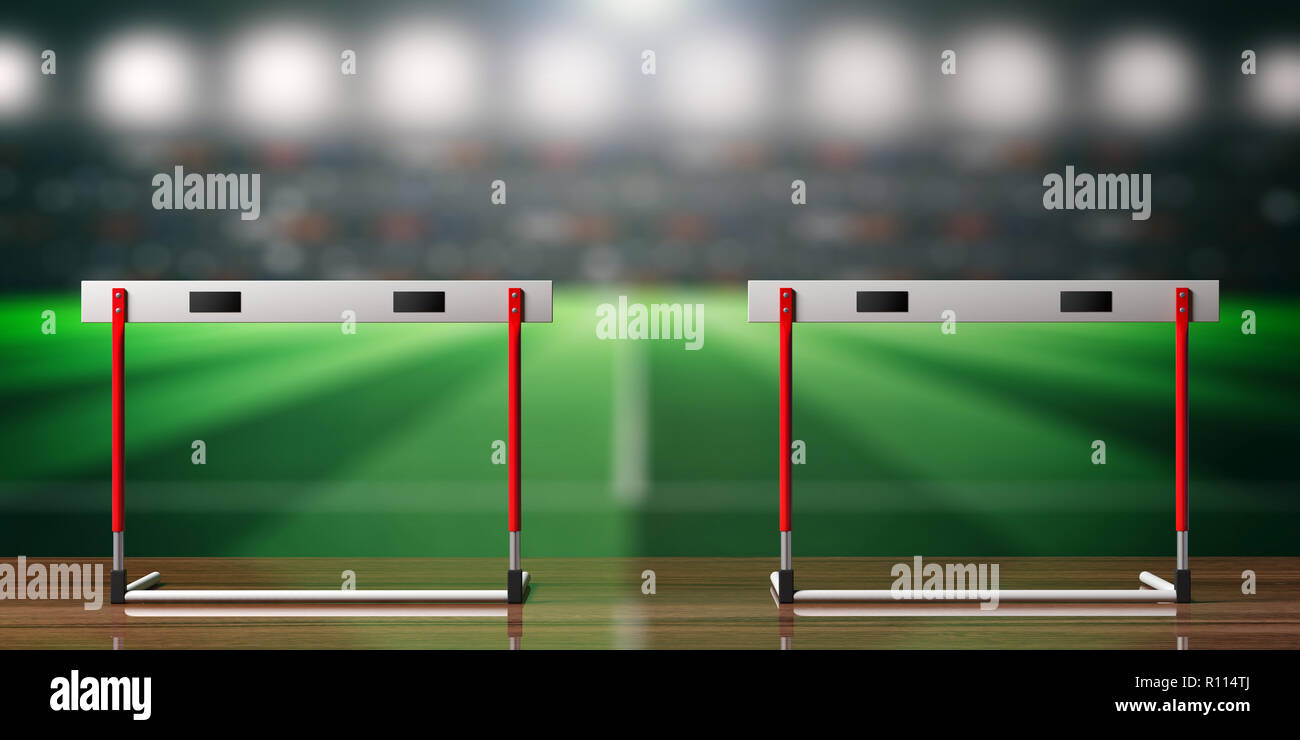 Obstacles concept. Front view of track field hurdles, against stadium ...