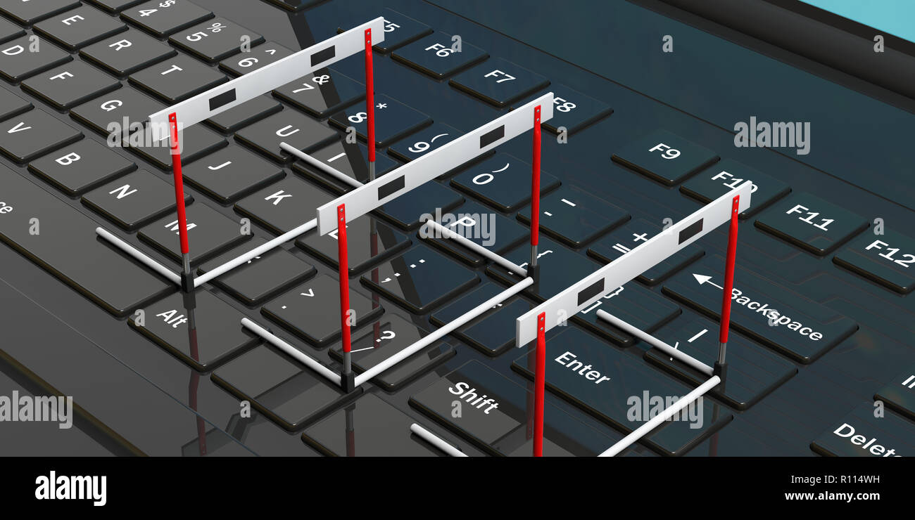 Business obstacles concept. Hurdles in a row, on a computer laptop. 3d ...