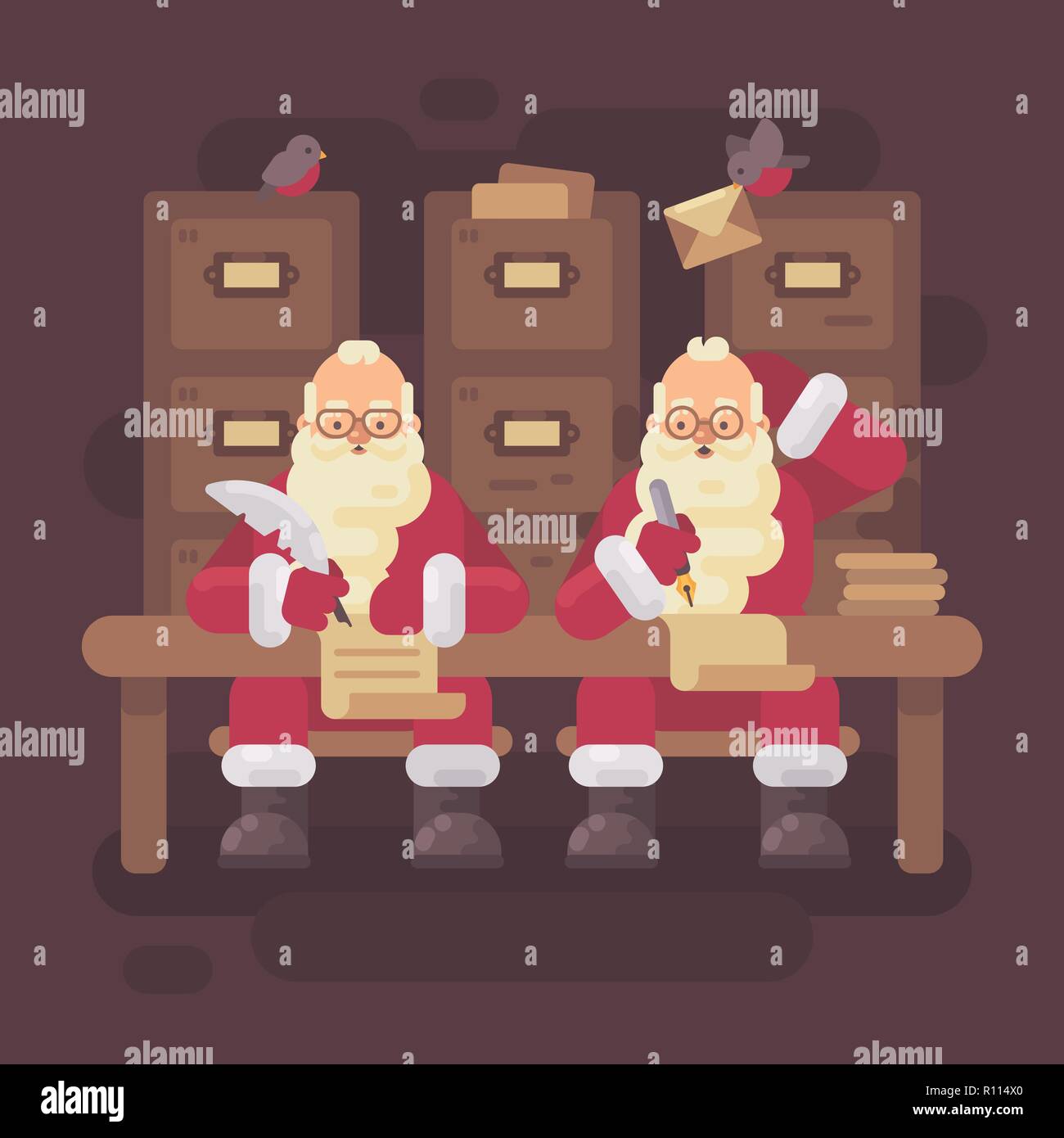 Two Santa Clauses writing letters to kids. Santa thinking of a response ...