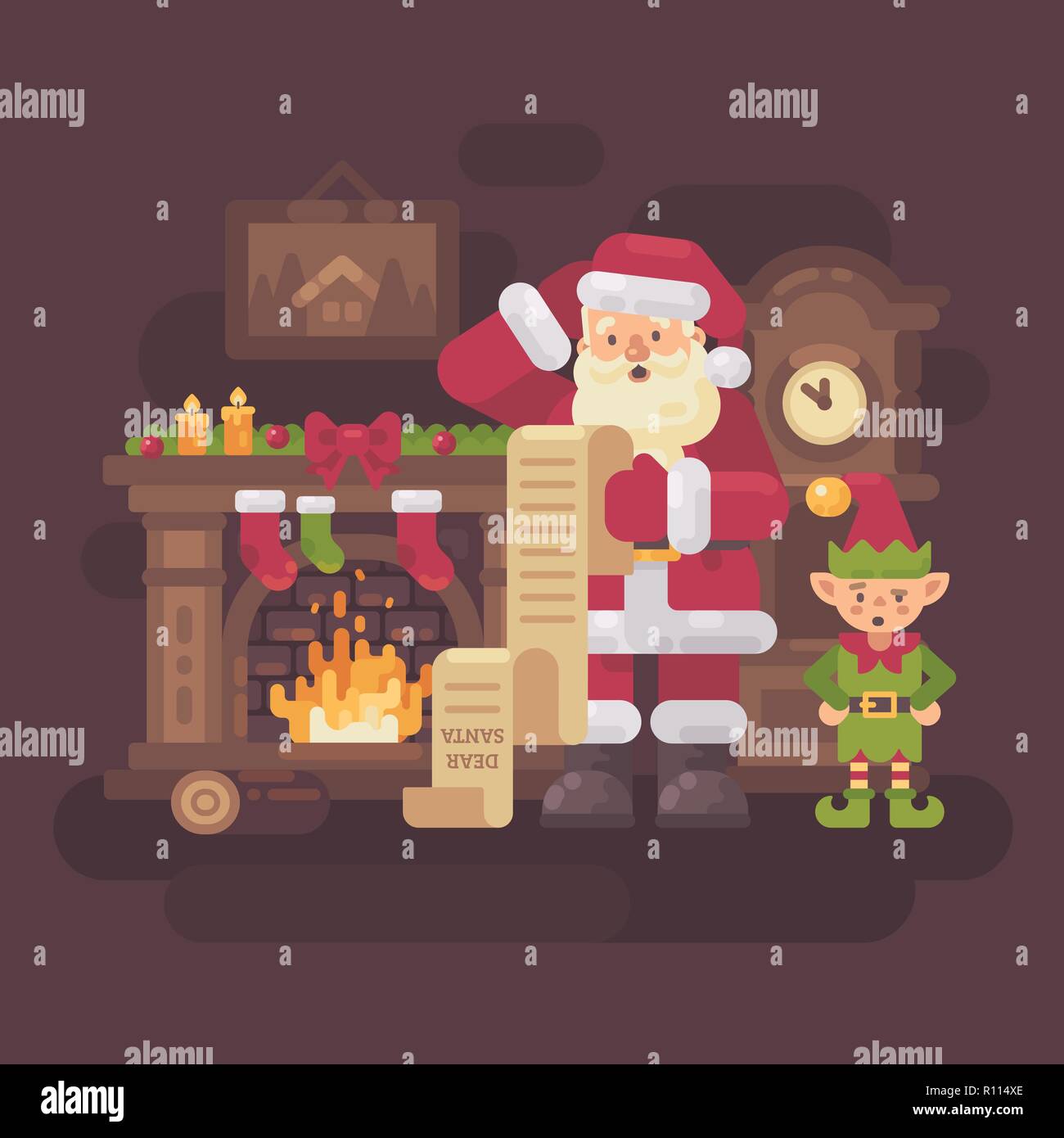 Confused Santa Claus and elf reading a very long kids letter in a cozy ...