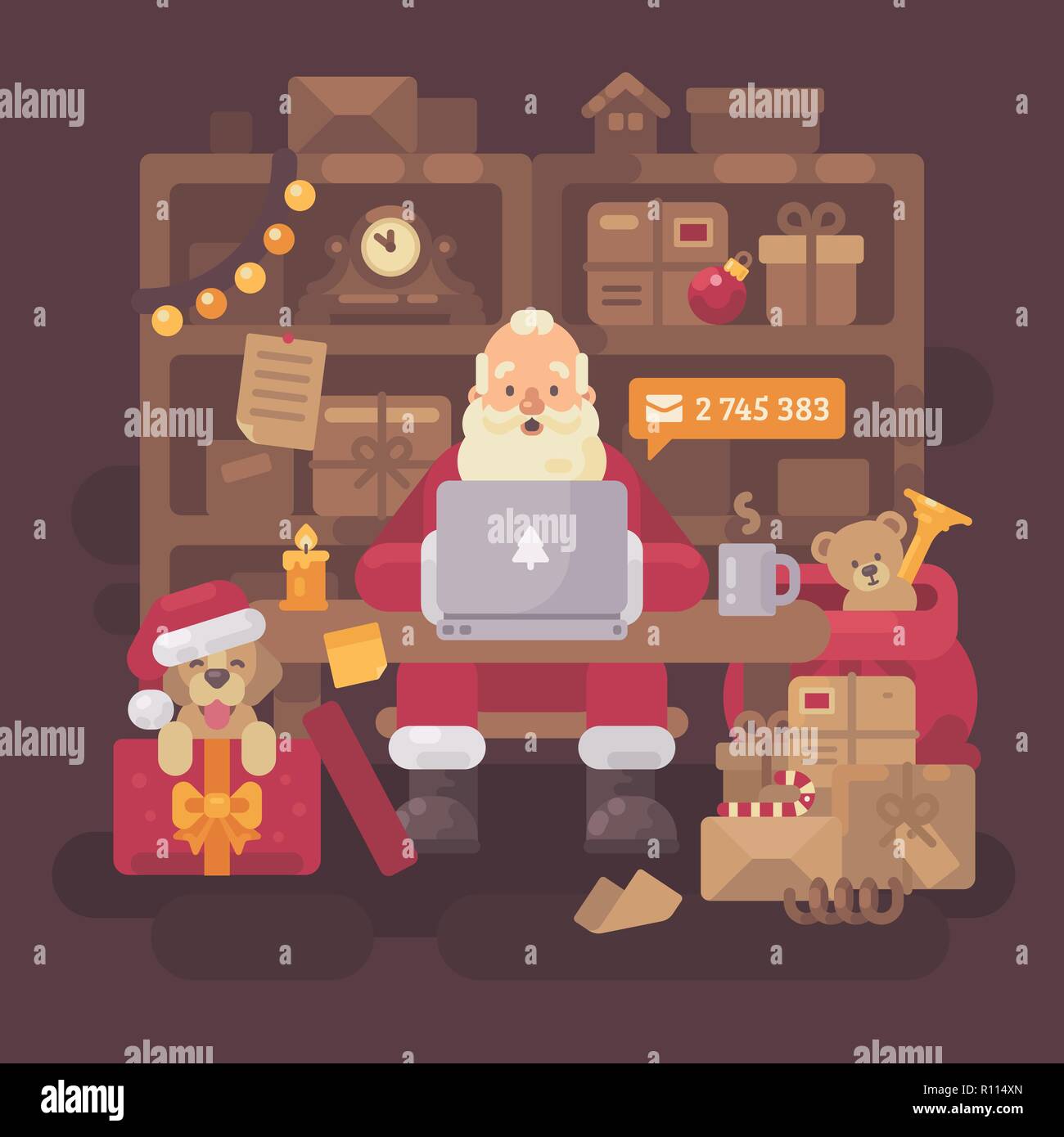 Santa Claus sitting at the desk in his office filled with parcels for ...
