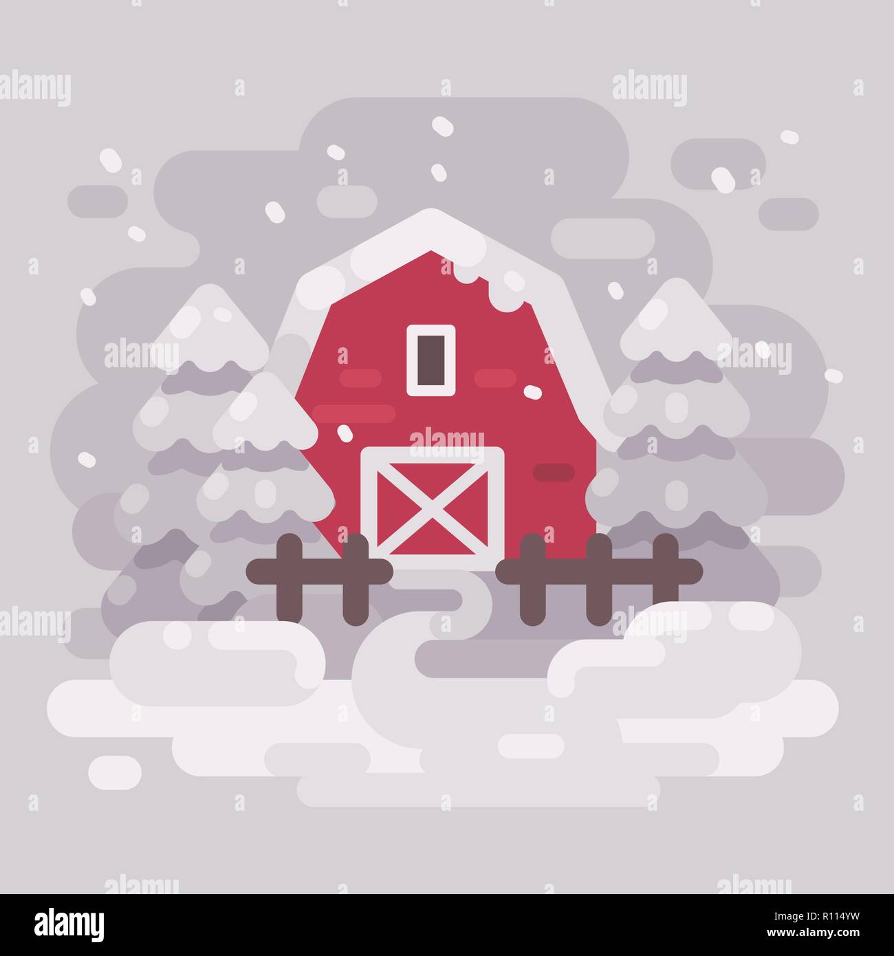 Red barn building with fir trees in a snowy winter landscape. White ...