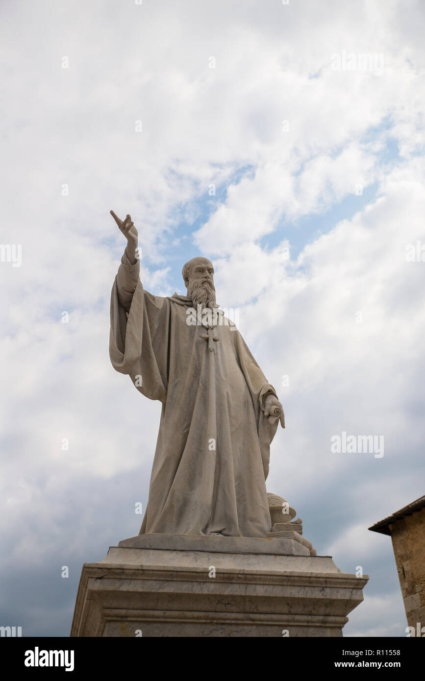 Statue of Saint Benedict in the main square of Norcia, Umbria, Italy ...