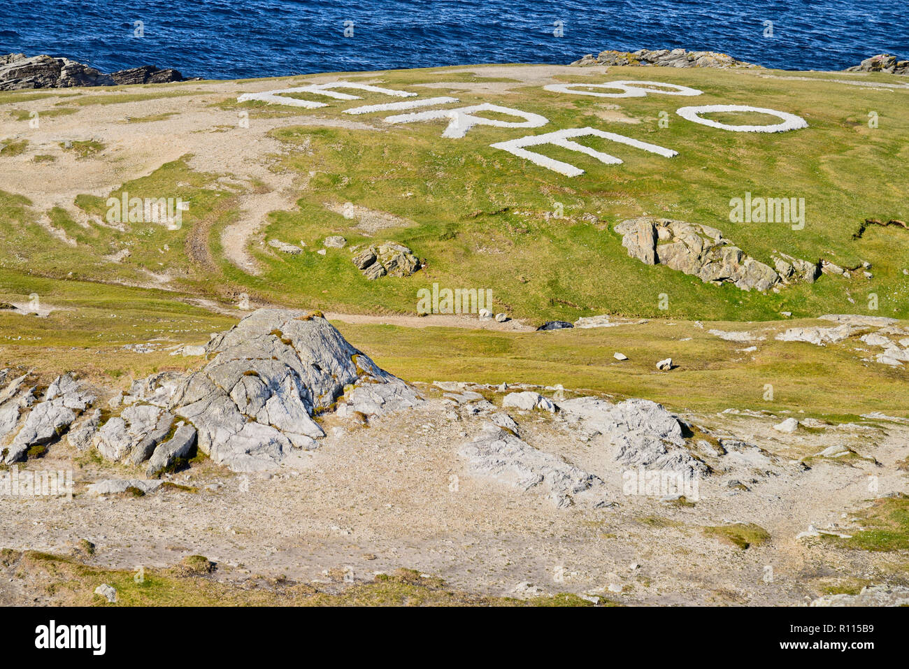 Ireland, County Donegal, Inishowen Peninsula, Malin Head, Eire sign ...