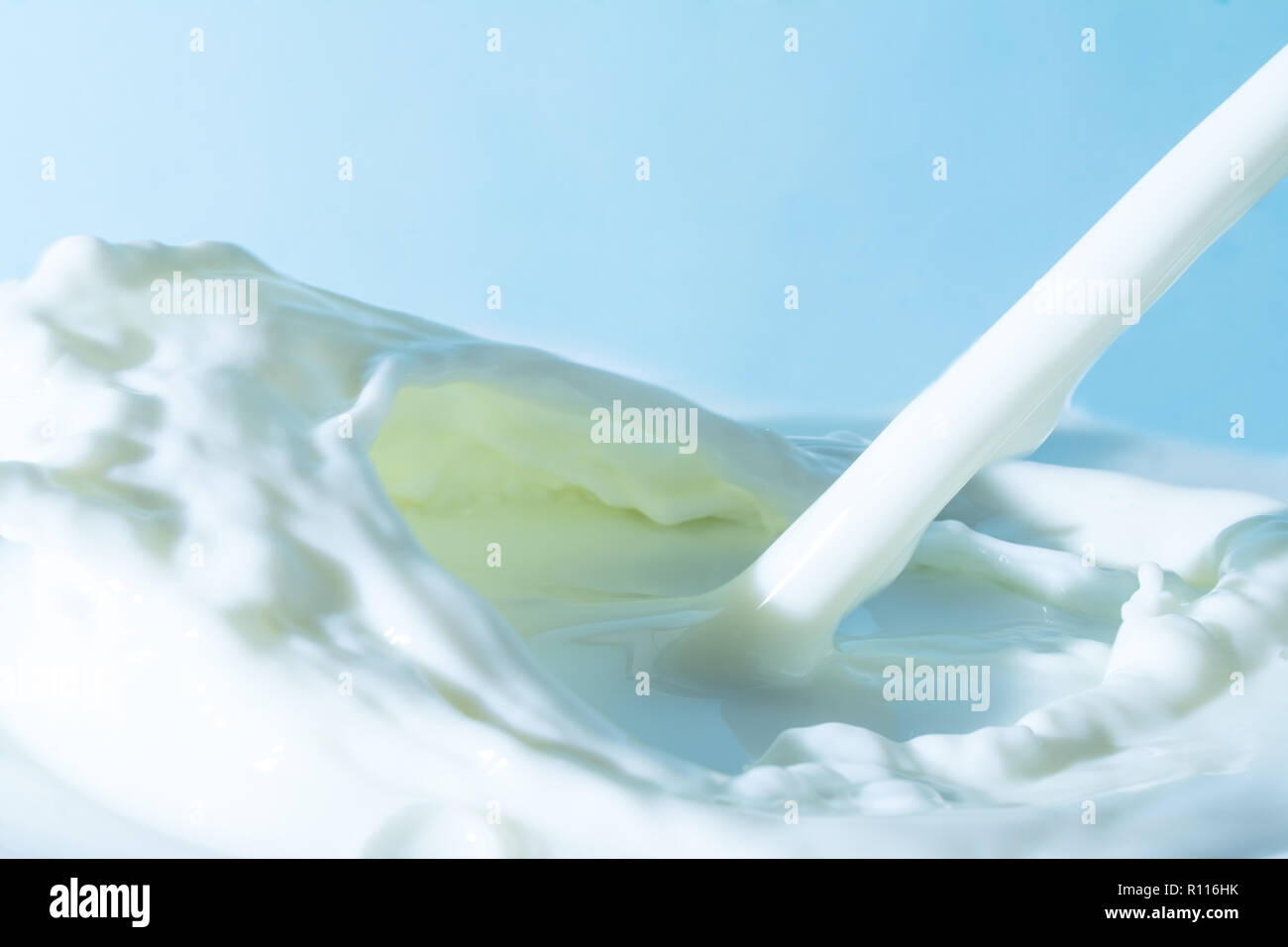 Splash of milk, pouring jet stream of milk on a light blue background ...