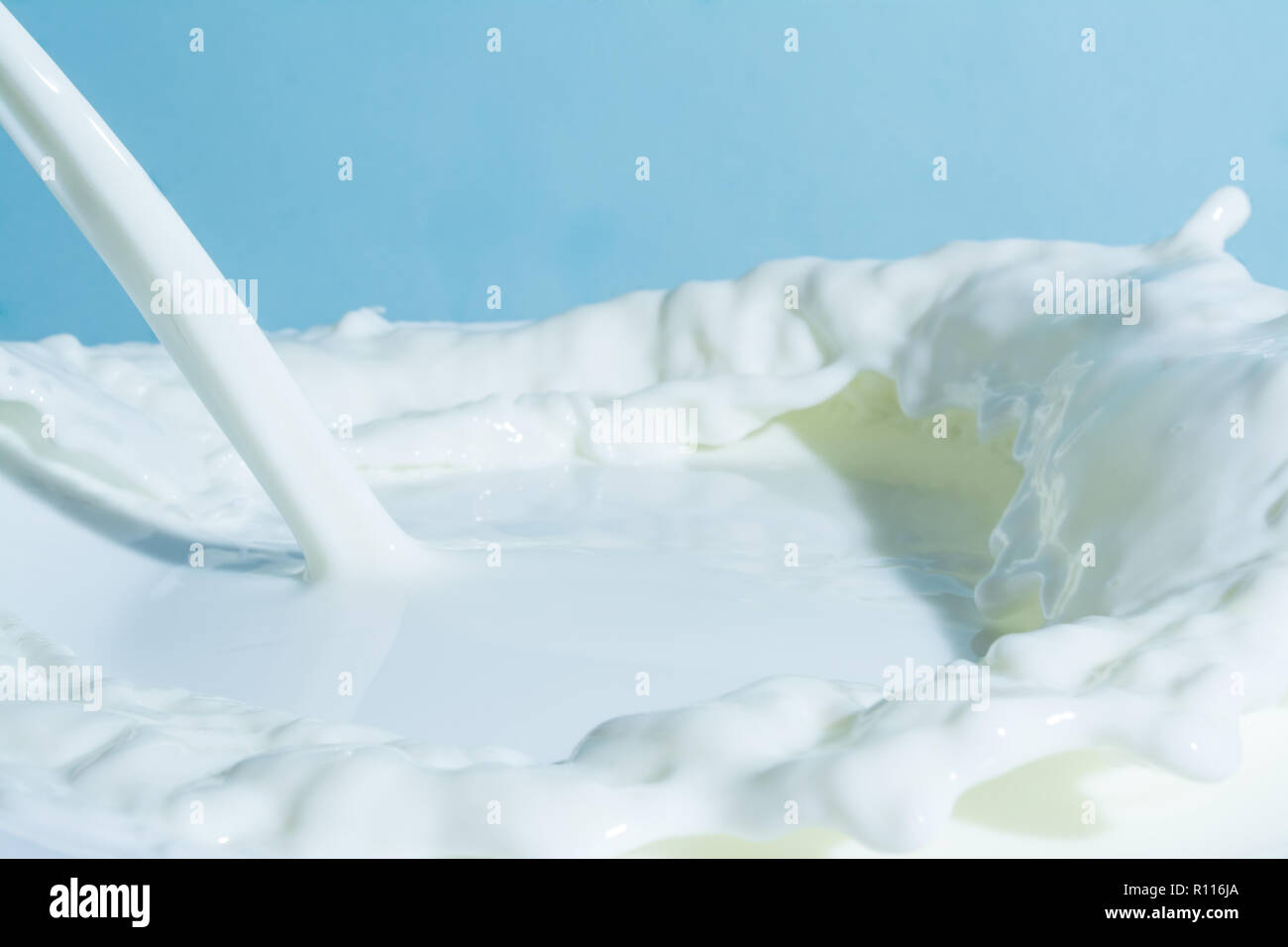 Splash of milk, pouring jet stream of milk on a light blue background ...