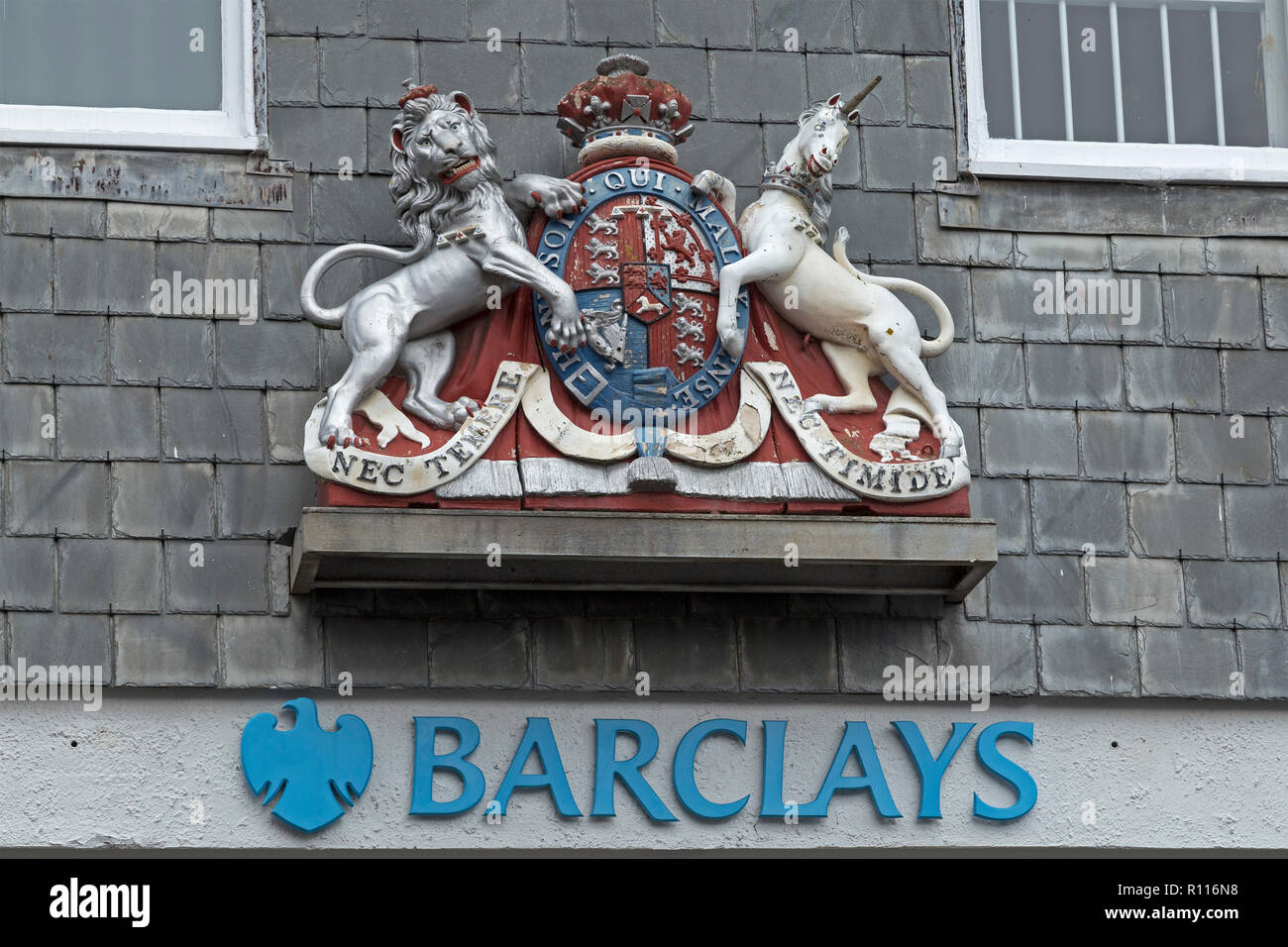 Barclays Bank coat of arms, Padstow, Cornwall, England, Great Britain ...