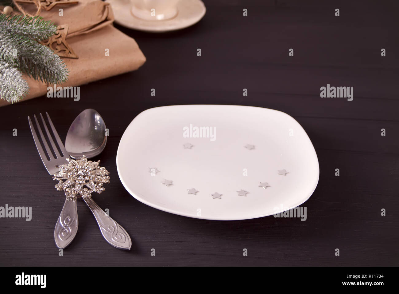 Christmas table setting with christmas decorations with funny smiling ...