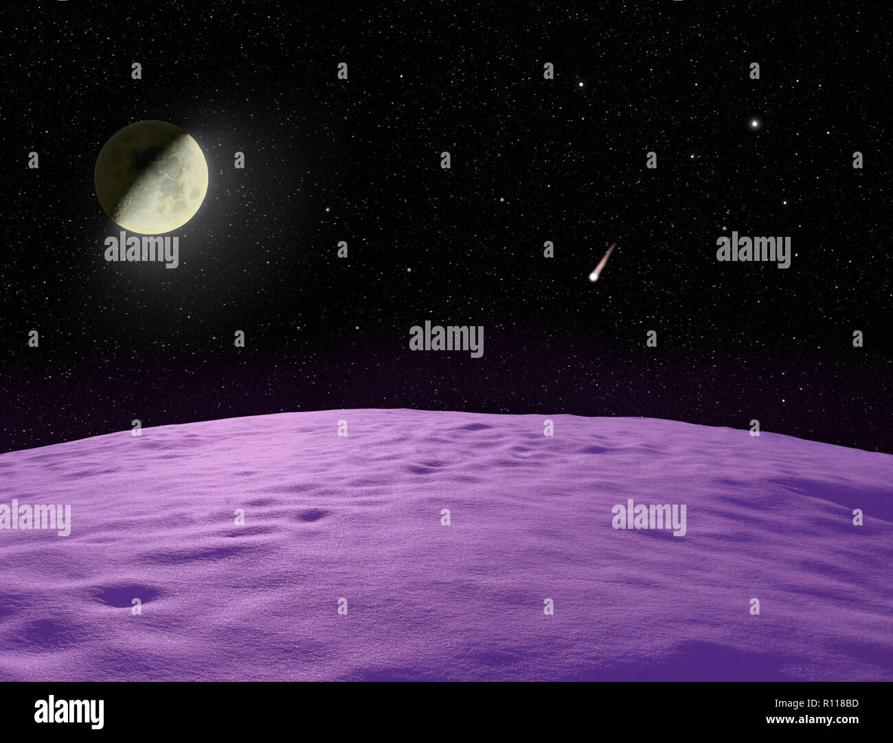Moon shining in space full of stars over violet unknown planet. Space ...