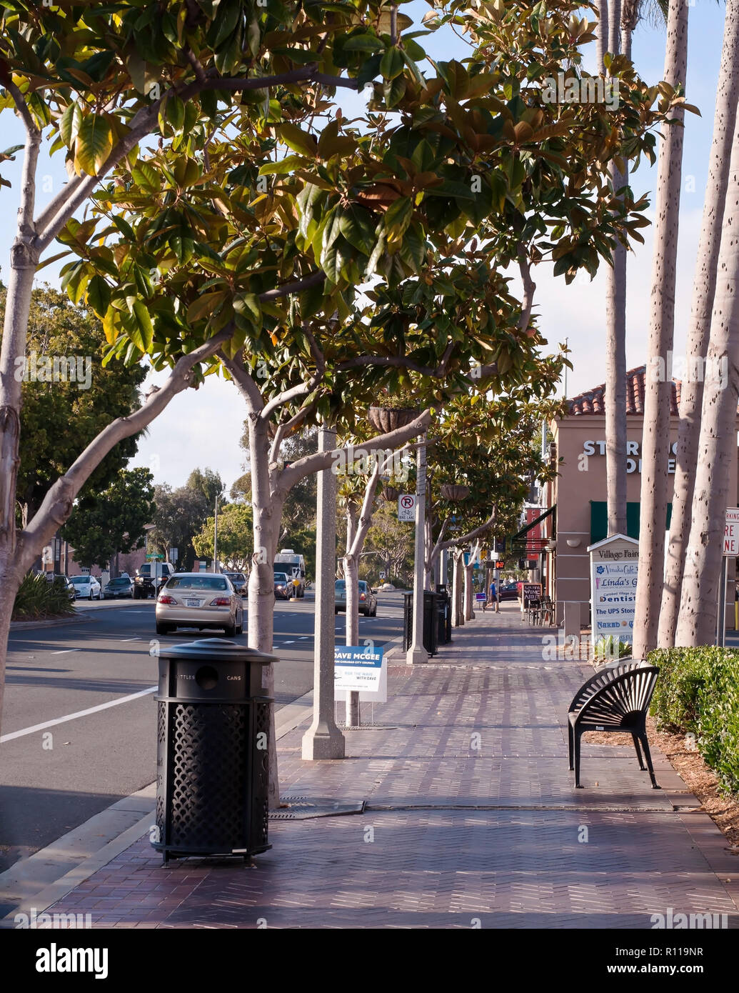 A brick lined sidewalk with trees in Carlsbad, California, USA in fall ...