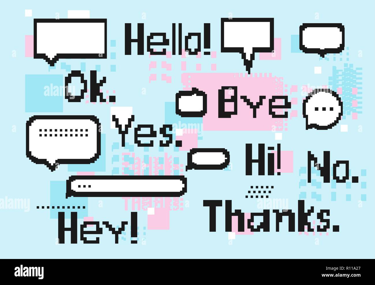 white 8 bit speech bubbles set, pixel short phrases Stock Vector Image ...