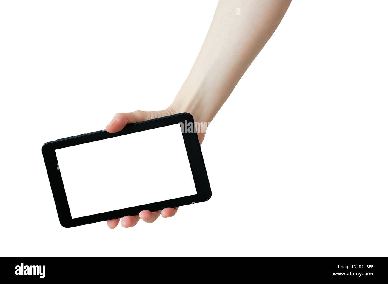 Black tablet computer in the girl's hand. White isolate Stock Photo - Alamy