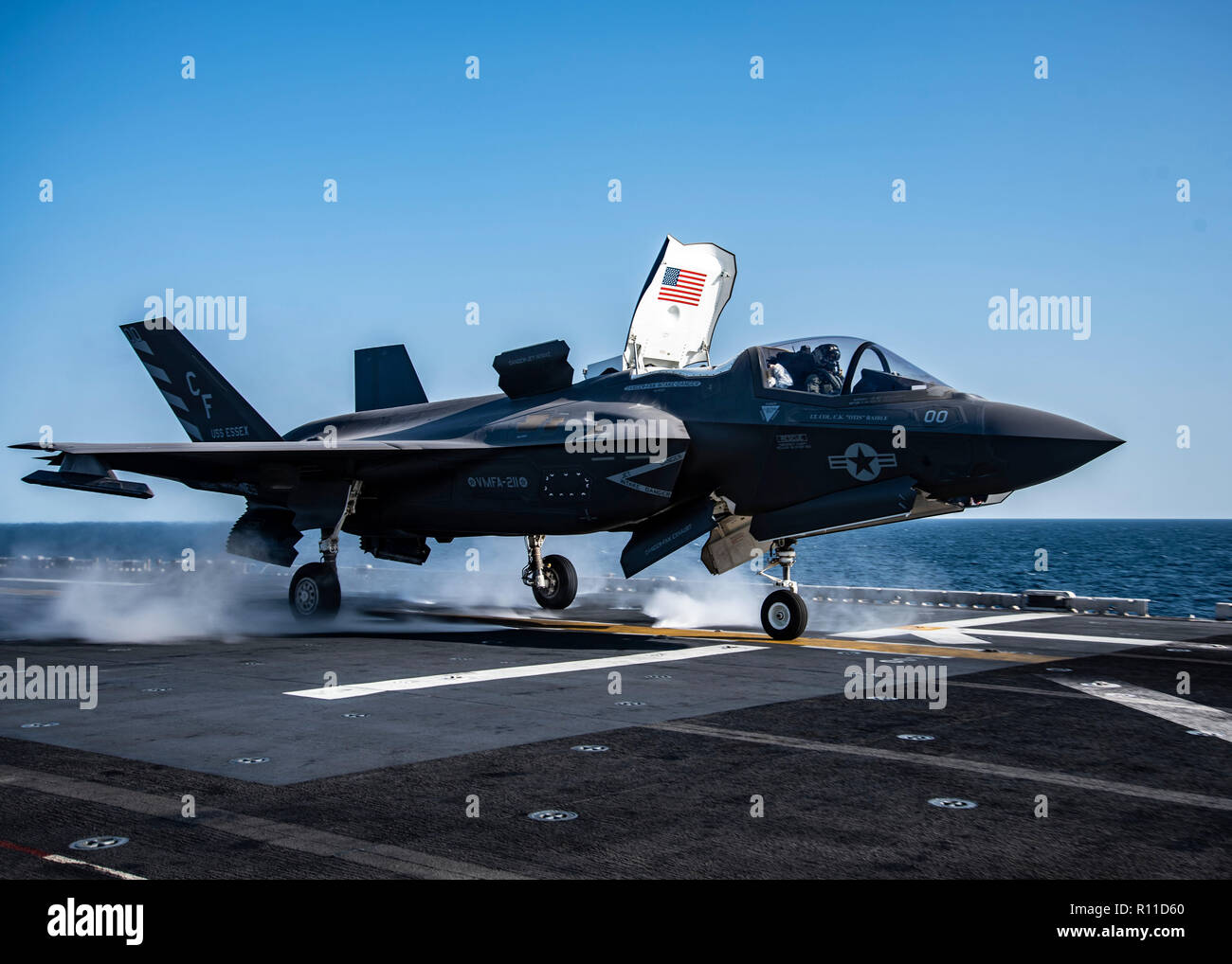 A U.S. Marine Corps F-35B Lightning II fighter jet, with the Marine ...