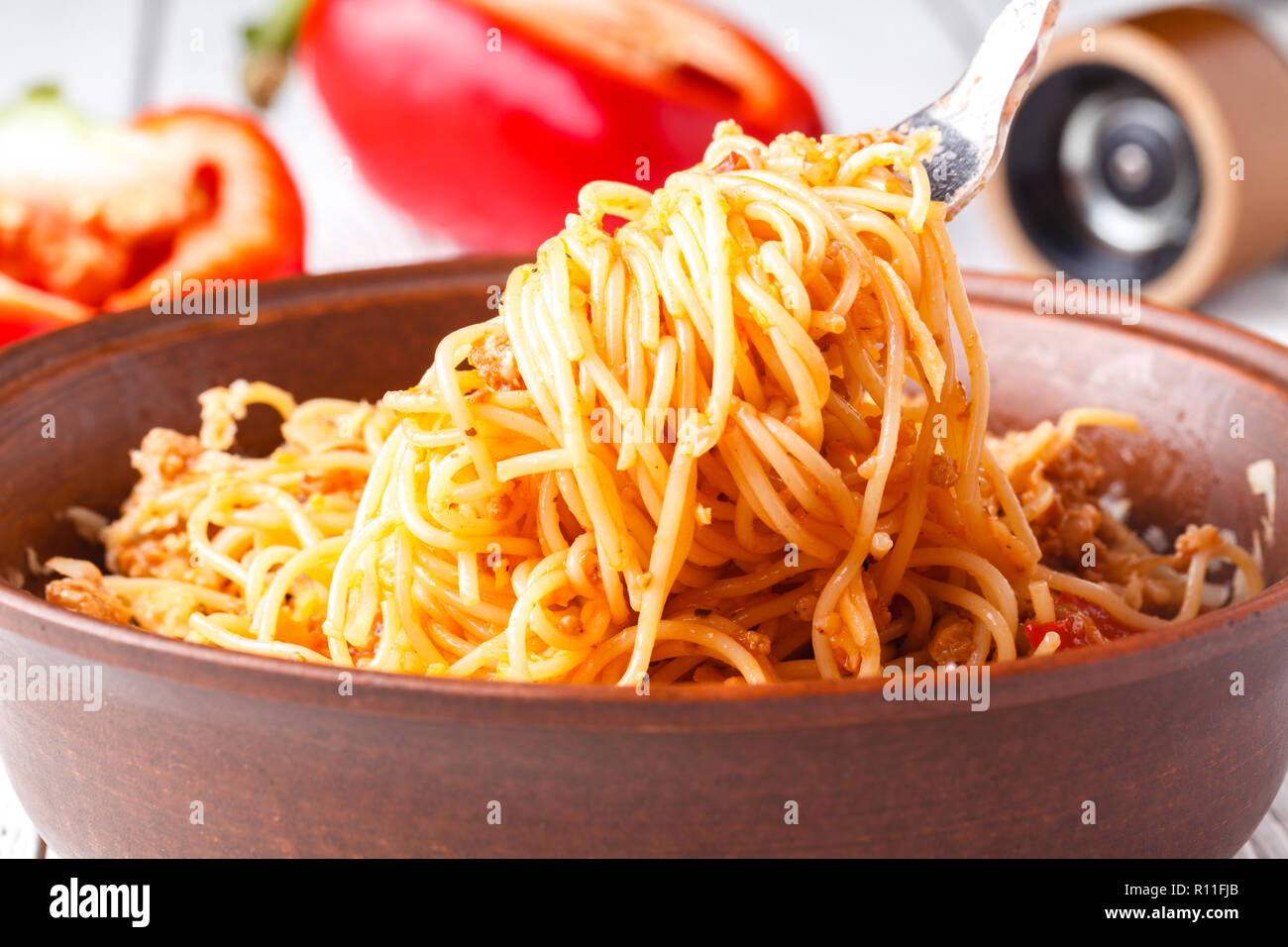 Pasta in navy. Pasta with minced meat Stock Photo - Alamy