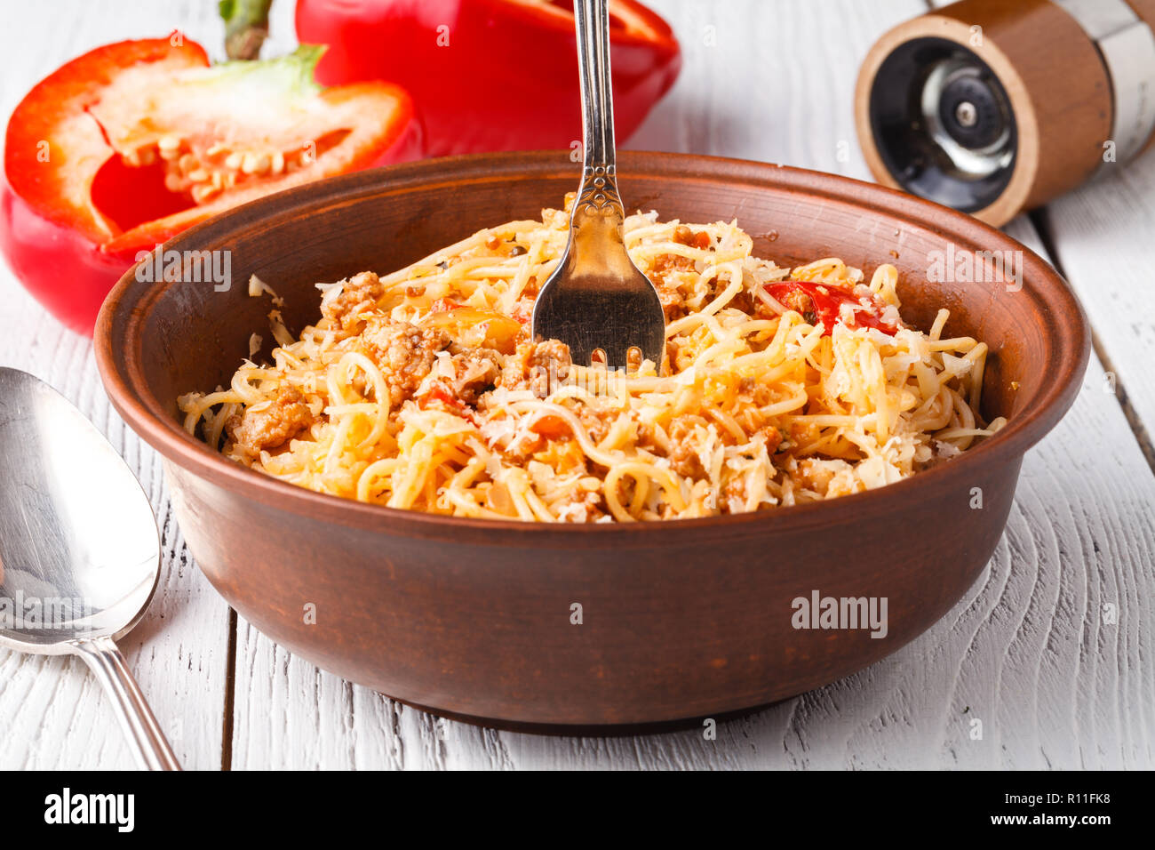 Asian meal made of rice noodles, tofu, vegetables and shiitake ...