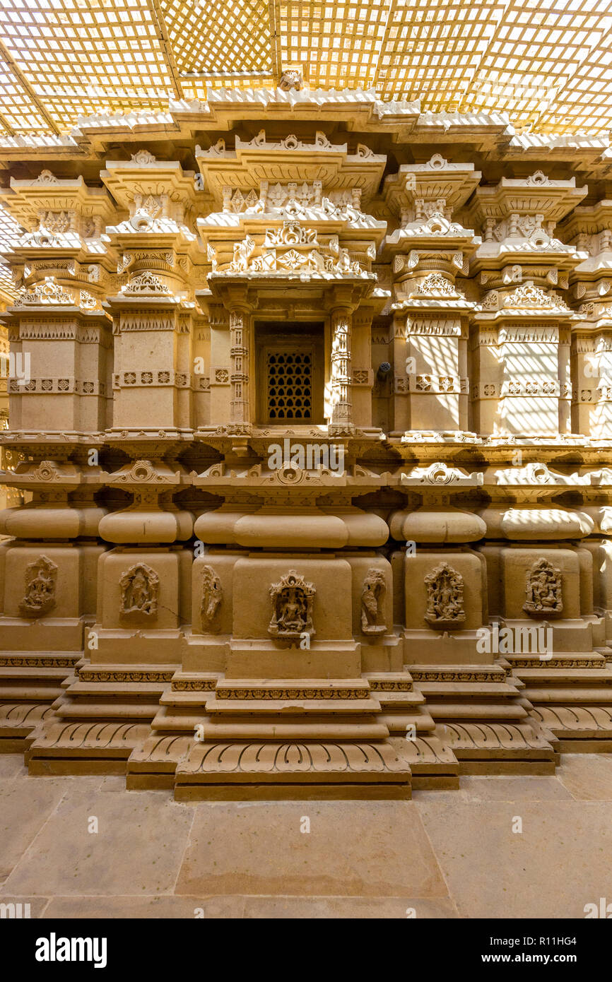 View of intricate stone work at the Jain Temples in Lodurva, near the ...